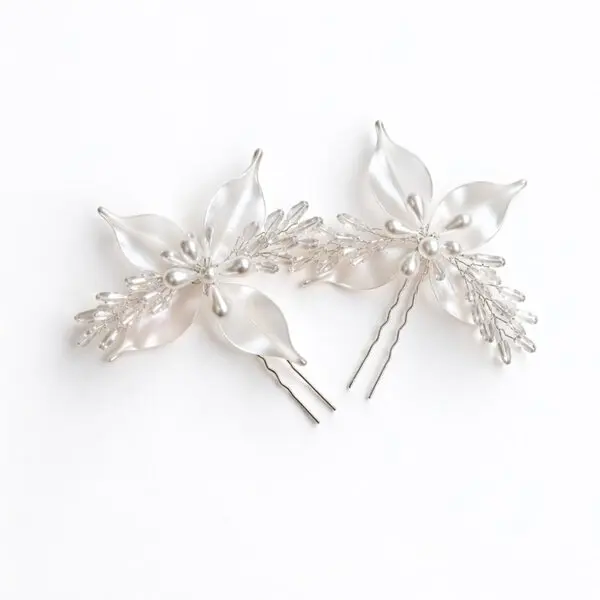NUVV COLLECTION Pearlescent Floral Hair Pins Set Of Two - White