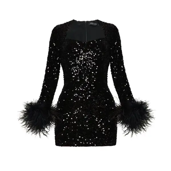 MODA GLAM Sequin Mini Dress With Feather Trim