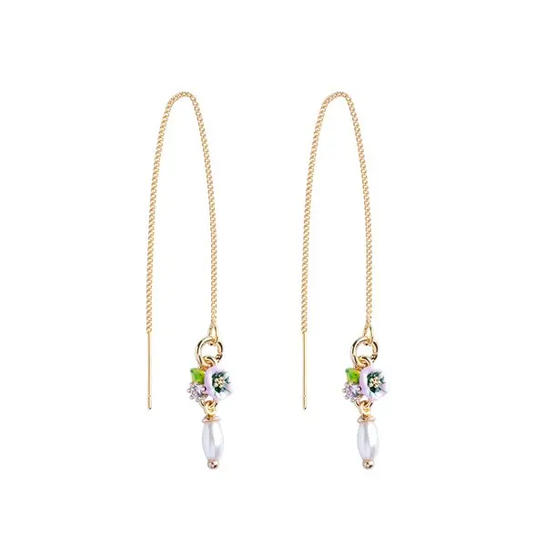 MY LITTLE NATURE Gold Plated Threader Earrings With Pearl And Floral Charm - White/gold