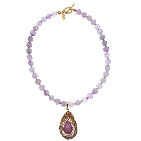 FARRA Amethyst Stone Necklace With Rhinestone Charm - Yellow