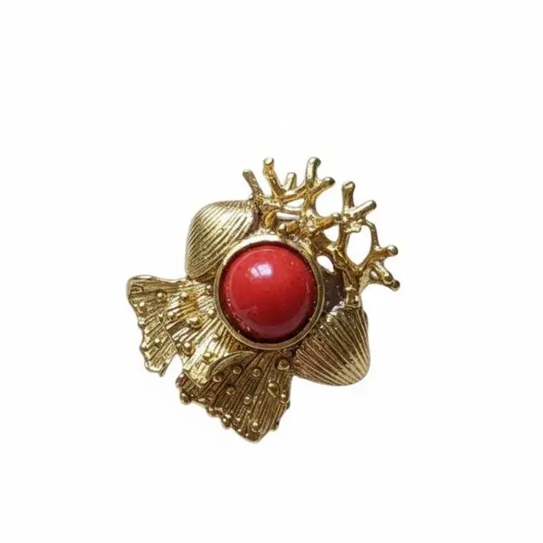 SILVER & ELEGANT Ocean Sculpture Crimson Coral Ring - Gold