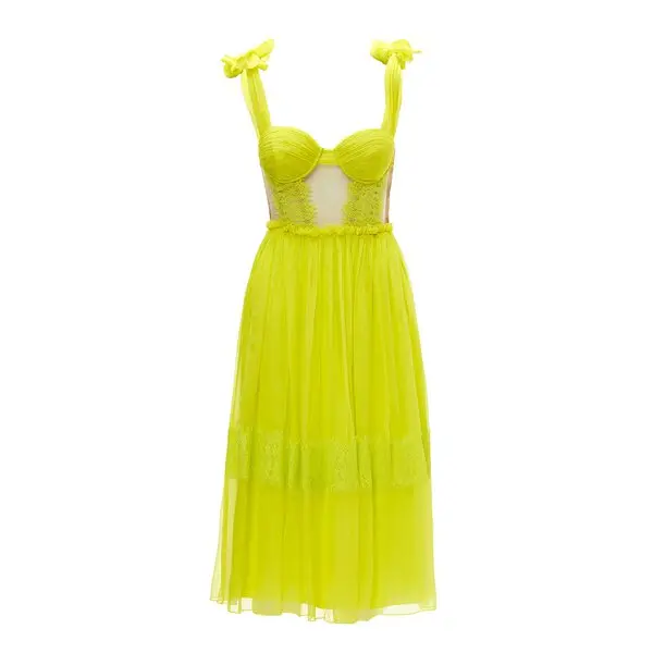 NISSA Lace Insert Silk Midi Dress - Yellow