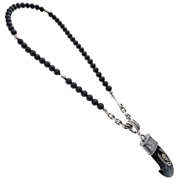 GEM KINGDOM Rebel Rebel Sterling Silver Necklace With Onyx And Horn - Black/silver/white