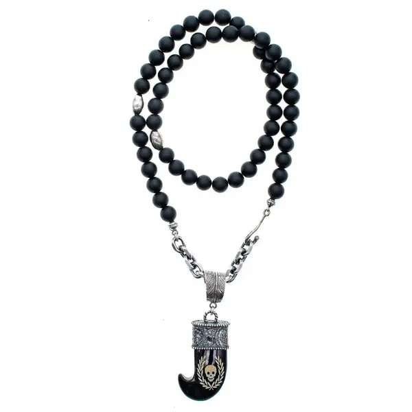 GEM KINGDOM Rebel Rebel Sterling Silver Necklace With Onyx And Horn - Black/silver/white