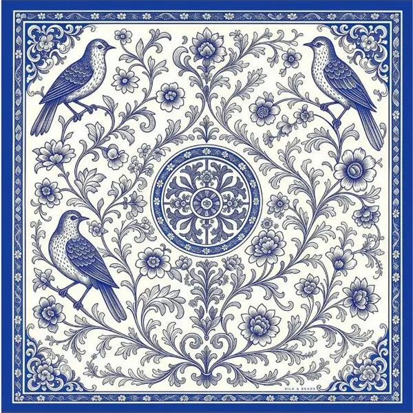 SILK AND BEARS Chinoiserie Birds Silk Twill Scarf – Printed Mulberry Silk, Hand-rolled Hem - Blue