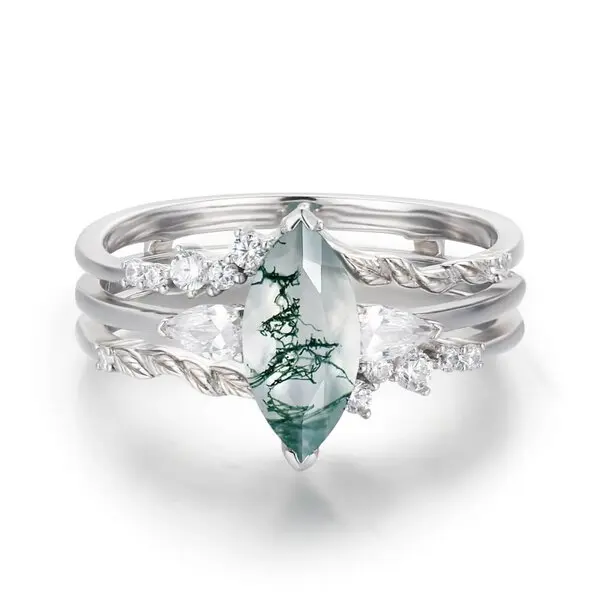 AZURA JEWELRY NEW YORK Sonoran Sunrise Moss Agate Ring Set - Silver