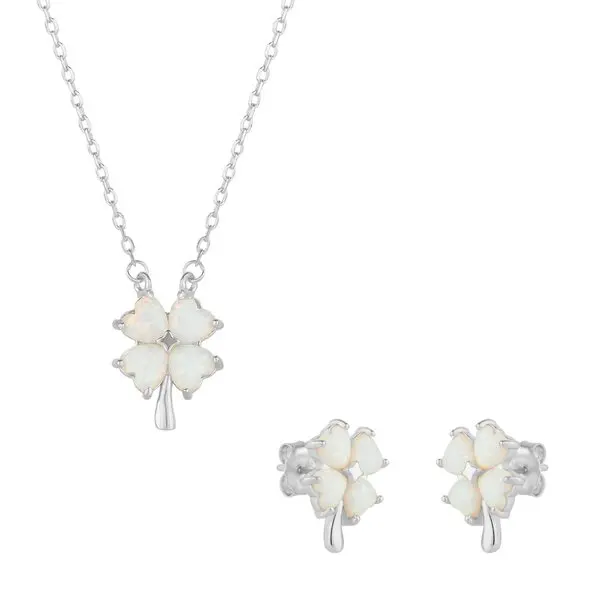 SPERO LONDON White Opal Four Leaf Clover Sterling Necklace And Earrings Set - Silver