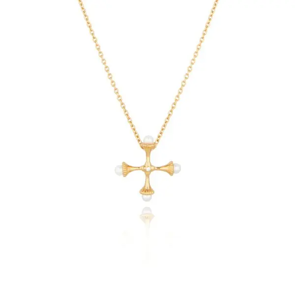 LULU B LONDON Small Gold Pearl Cross Pendant Necklace - White