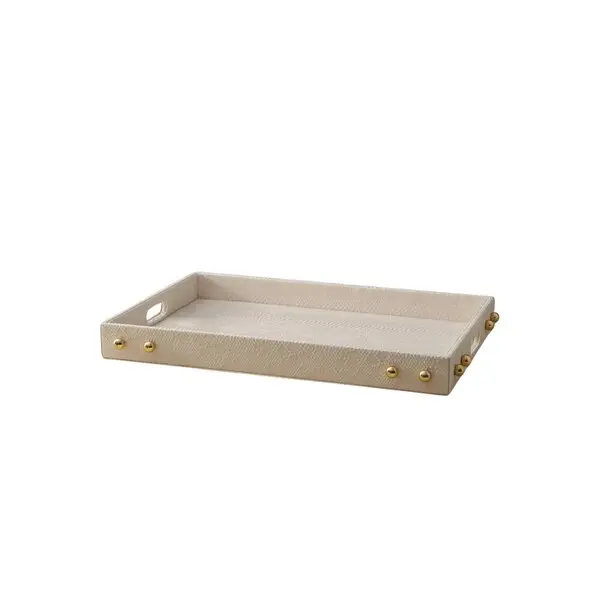 MARLETH Handmade Cream Leather Tray – Brass Stud Detail - White
