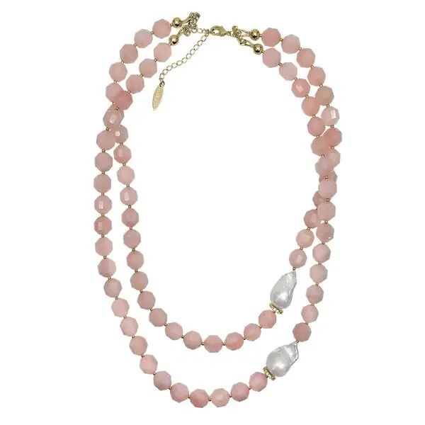 FARRA Rose Quartz And Baroque Pearl Layered Necklace - Pink