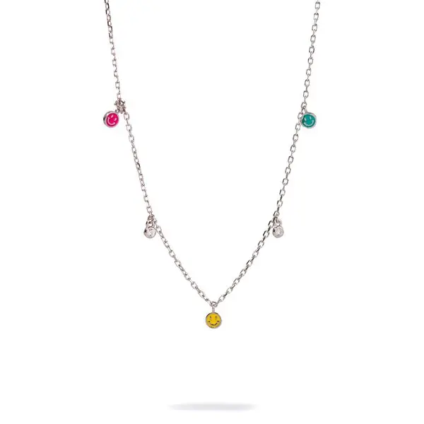 EBRU JEWELRY Rainbow Smiley Face Silver & Diamond Choker Necklace - Blue/silver