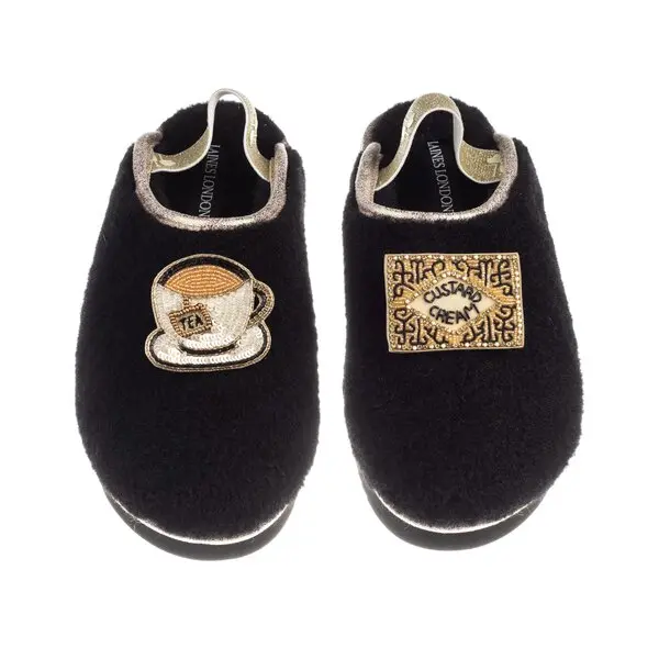 LAINES LONDON Flatform Cloud Slippers With Brooches - Black/gold