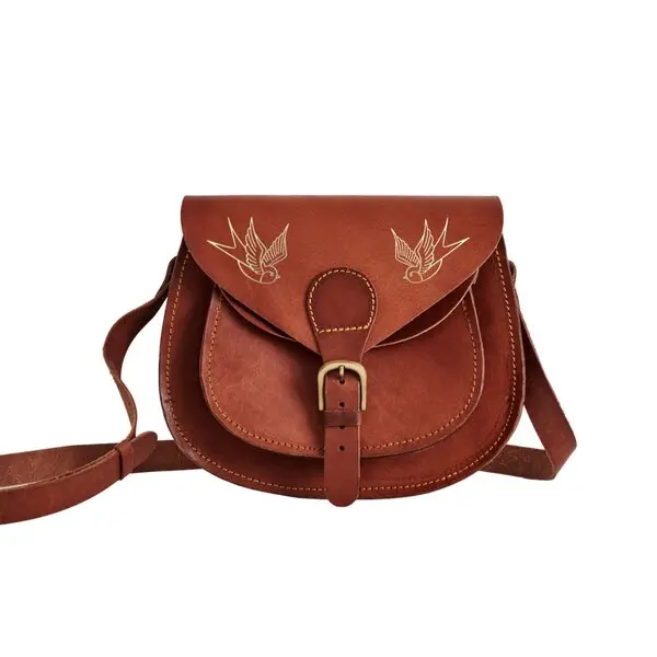 VIDA VIDA Leather Saddle Bag With Gold Swallow Details - Brown