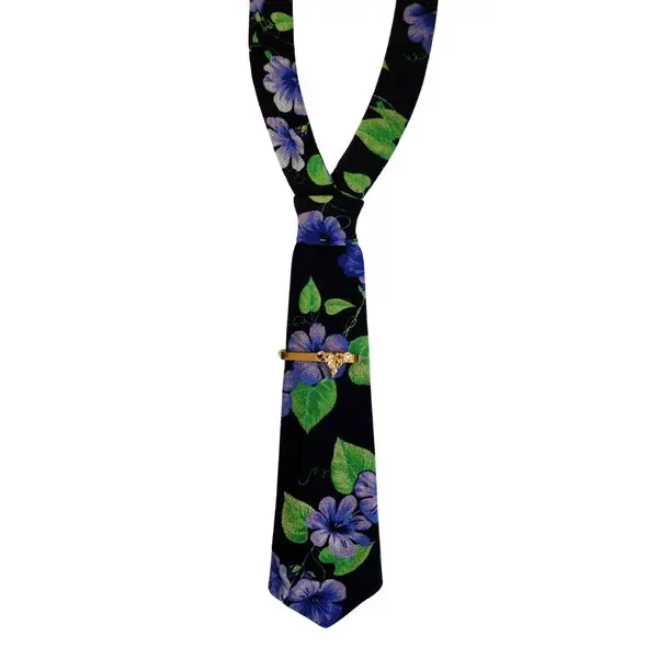 NANDANIE Floral Necktie With Tie Bar - Black