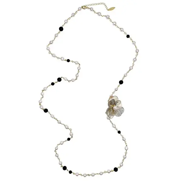 FARRA Freshwater Pearls And Black Obsidian Flower Charm Necklace - White