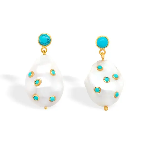 GEM BAZAAR JEWELLERY Baroque Pearl And Turquoise Drop Earrings - Gold/blue/white