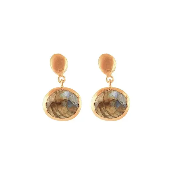 OPIUM JEWELS Golden Nugget Labradorite Oval Stud Earrings - Gold/blue/grey