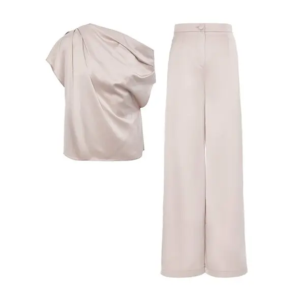 BLUZAT Asymmetrical Draped Top With Wide Leg Trousers Set