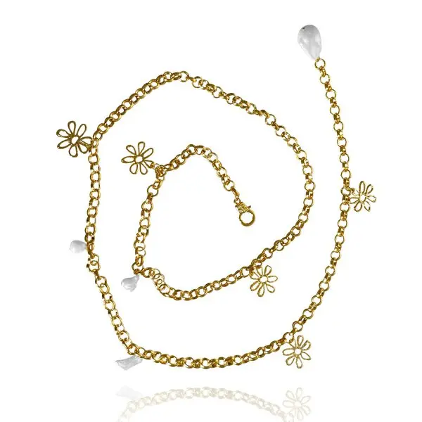 EYECONIC BY SAMAR AJRAM Chain Belt With Pearl Flower Charms - Gold