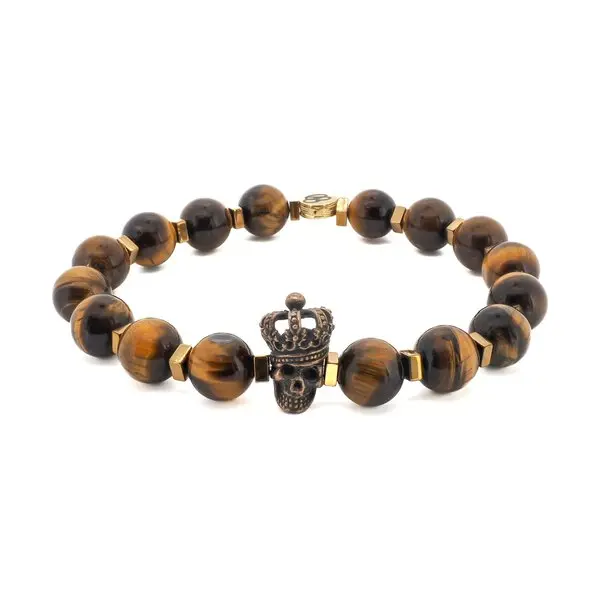 EBRU JEWELRY Tiger's Eye Stone Beaded King Skull Charm Bracelet - Gold/brown