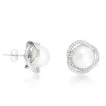 PEARLS OF THE ORIENT ONLINE Cultured Freshwater Pearl Stud Earrings With Pave Swirl - Silver/white