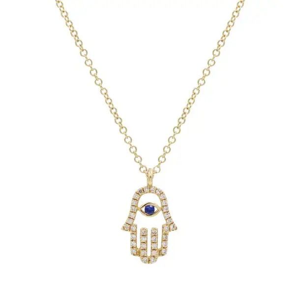KAMARIA 14k Yellow Gold Diamond And Sapphire Hamsa Hand Pendant Necklace - Blue