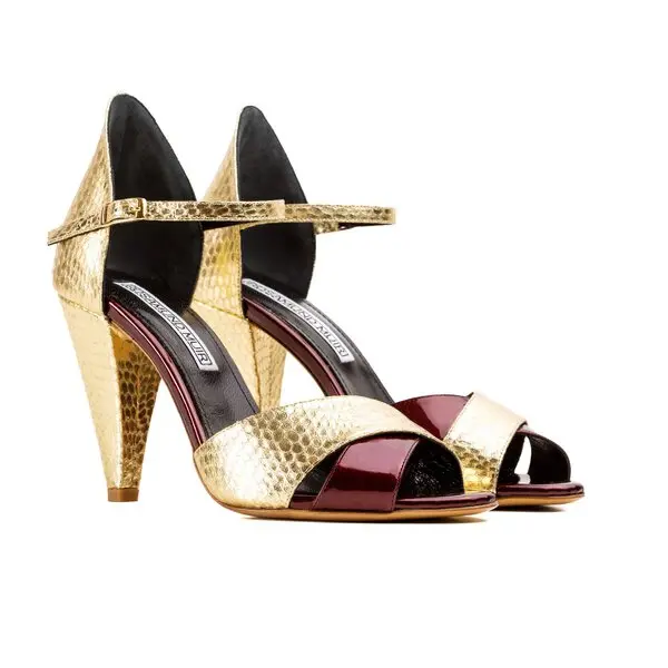 ROSAMUND MUIR LONDON Aurora Cobra Print & Patent Leather Heels - Gold/red