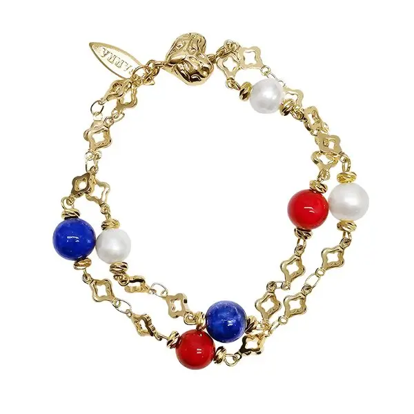 FARRA Lapis, Bamboo Coral, And Pearl Chain Bracelet - Orange/red
