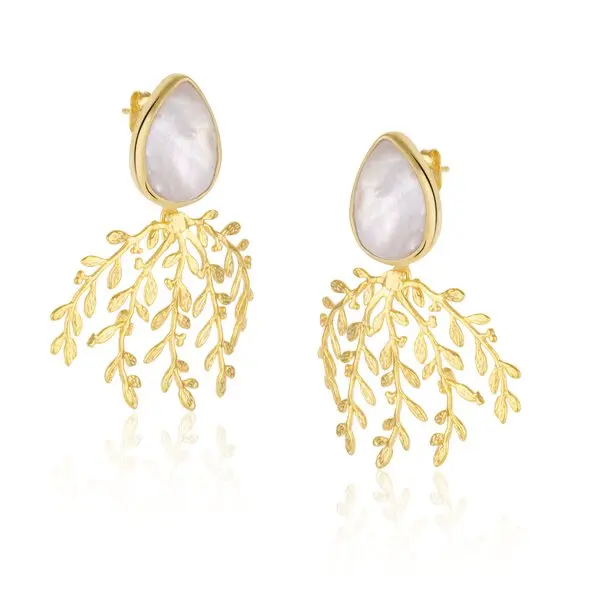 SPERO LONDON Mother Of Pearl Olive Branch Sterling Silver Earring - Gold