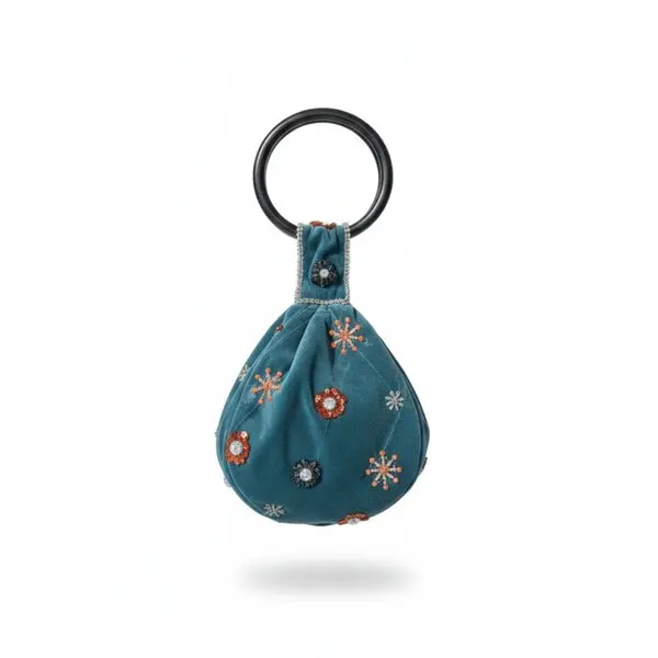 PICK HAPPY Green / Orange Wrist Velvet Purse Teal Beaded Flowers - Green/orange