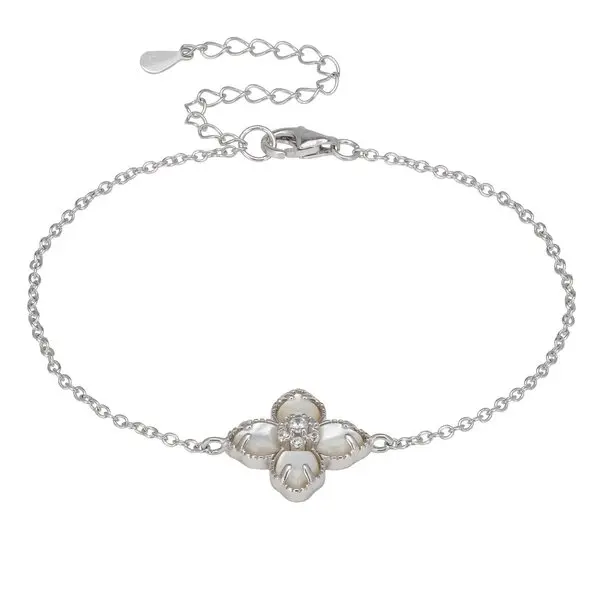 LATELITA Silver Flower Clover Mother Of Pearl And Cubic Zirconia Bracelet - White/silver