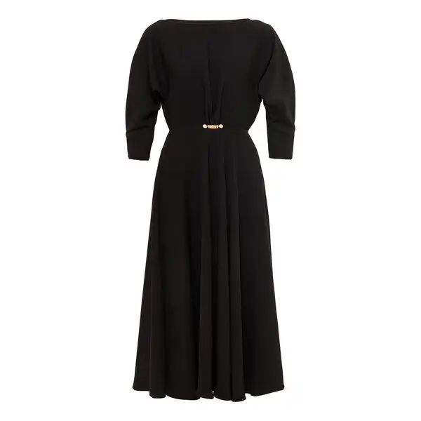 NISSA Crepe Midi Dress With Pearl Detail - Black