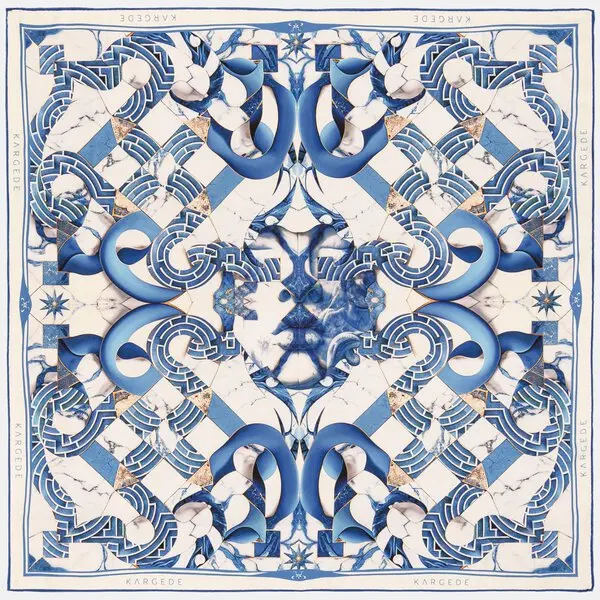 KARGEDE Designer Silk Scarf – Square Marble - Blue
