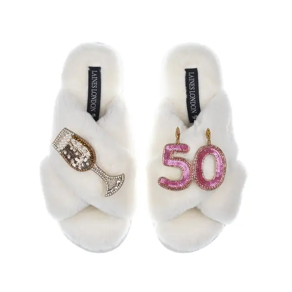 LAINES LONDON Classic Slippers With 50th Birthday & Champagne Brooches - White