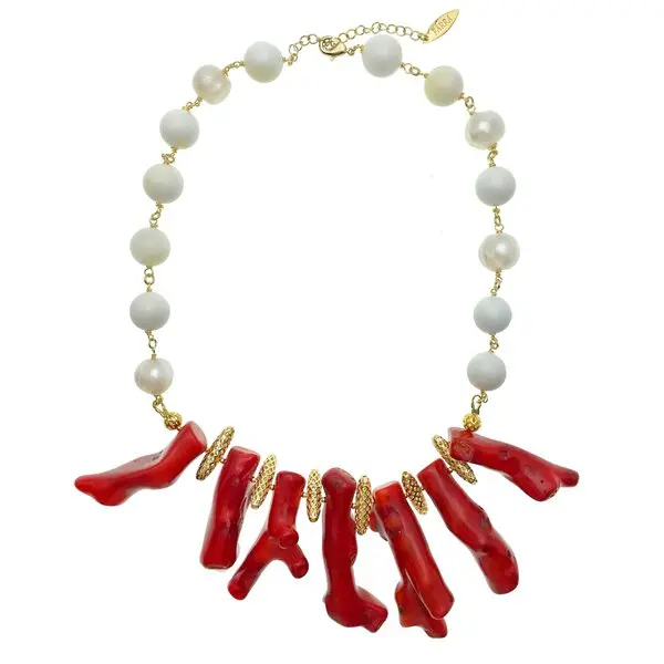 FARRA Giant Clam And Coral Statement Necklace - White/red