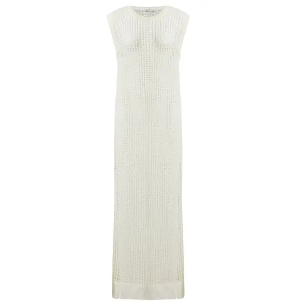 PERALUNA Pearl O-neck Eyelet Knit Maxi Dress - White