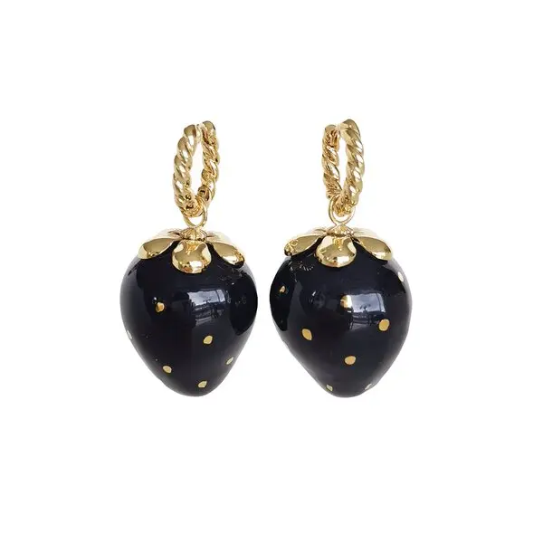 POPORCELAIN Strawberry Drop Hoop Earrings - Gold/black