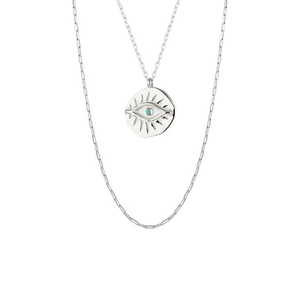 SPERO LONDON Eye Coin And Rectangular Chain Sterling Necklace Set - Silver