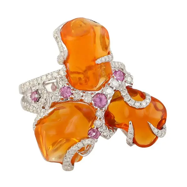 ARTISAN Statement Ring: Fire Opal, Pink Sapphire & Diamond In 18k White Gold - White/pink/orange