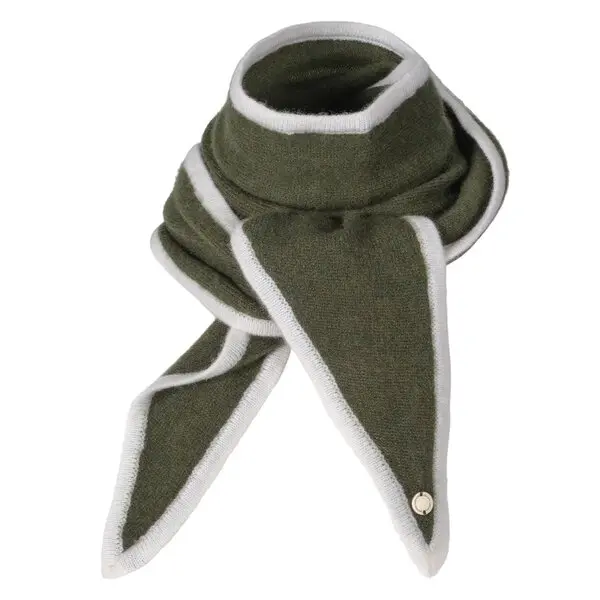 TIRILLM Ayla Small Neck Scarf In Soft Pure Cashmere, Olive With Off White Trimming - Green