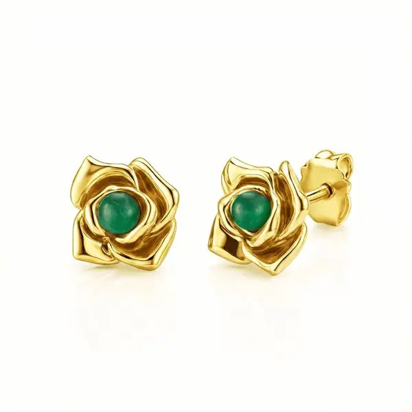 UNALOE Emerald Floral Lobe Earrings Plated Sterling Silver Studs - Gold