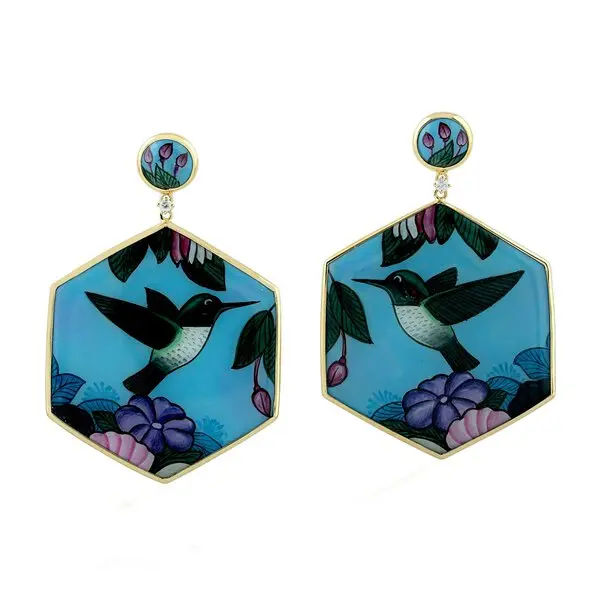 ARTISAN Mop & Enamel Hummingbird Drop Earrings - Gold