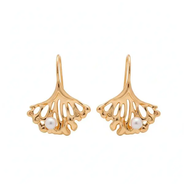 ANGEL BAROCCO Ginkgo Leaf Pearl Drop Earrings - Gold
