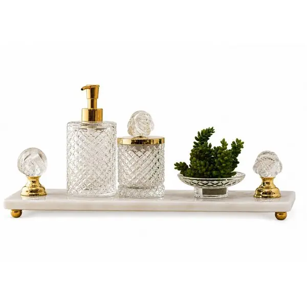 BELS & PEARL Gold / White Five-pieces Marble & Glass Bathroom Set With Tray, Handmade - Gold/white