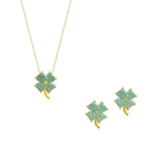 SPERO LONDON Four Leaves Clover Sterling Silver Earring And Necklace Set - Gold/green