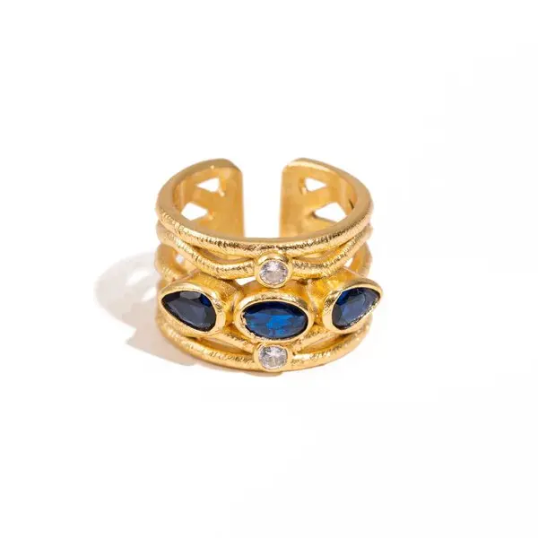 EBRU JEWELRY Adjustable Gold Ring With Sapphire And Zirconia - Gold/blue