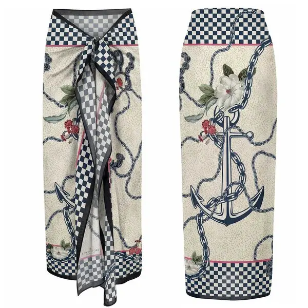 Loveist Store White / Blue Anchora Sarong Pareo Cover Up - White/blue