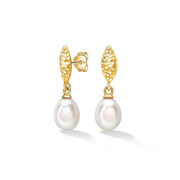 DOWER & HALL Hammered Marquise Pearl Drop Earrings - Gold