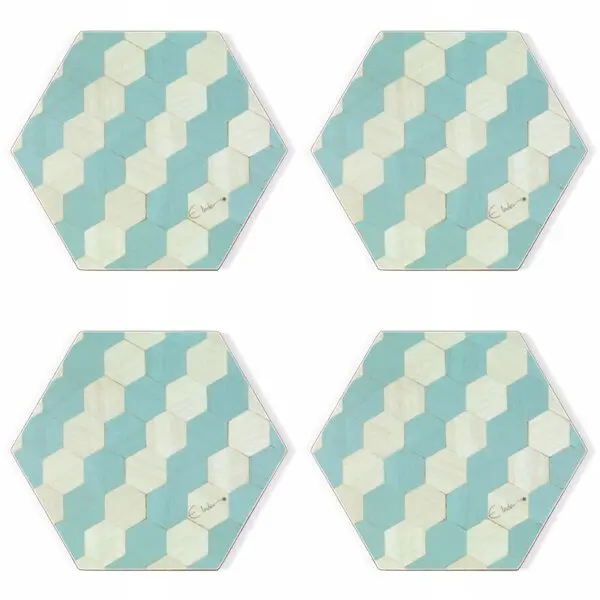 E. INDER DESIGNS Coaster Set Of Four. Hexagonal Scandinavian Design. Practical Heat Proof Melamine Surface - Blue
