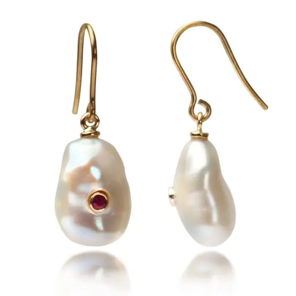 THE JEWELLERY STORE LONDON Keshi Pearl And Ruby Drop Earrings In Solid Gold - Red/white/gold